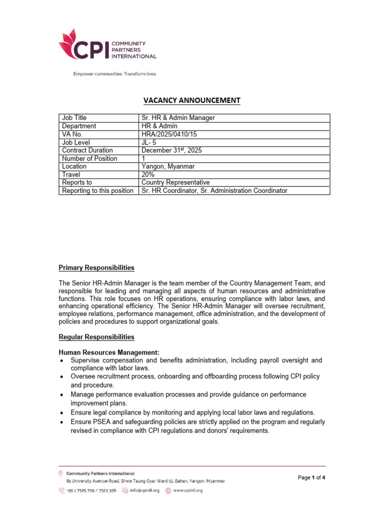 Senior HR & Admin Manager Vacancy in Myanmar | PDF | Human Resources ...