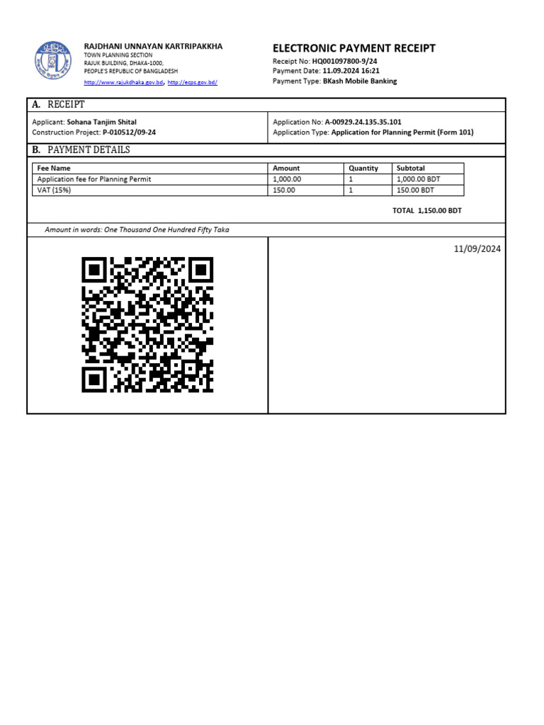 Rajuk Planning Permit Payment Receipt | PDF