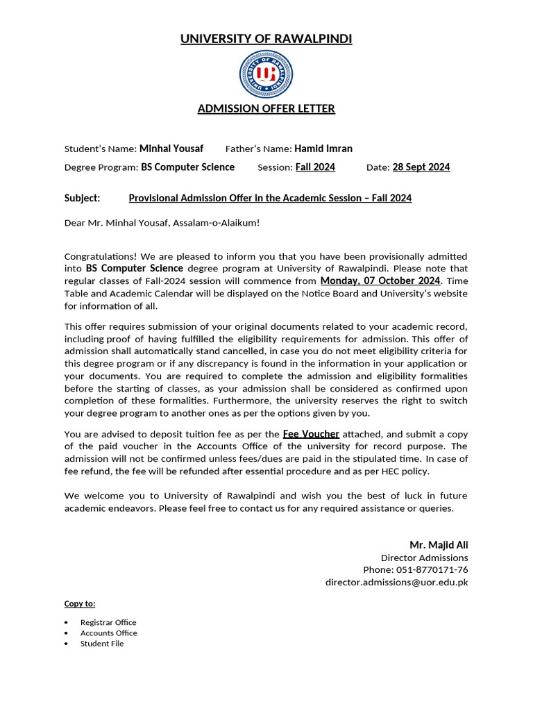 Admission Offer Letter | PDF