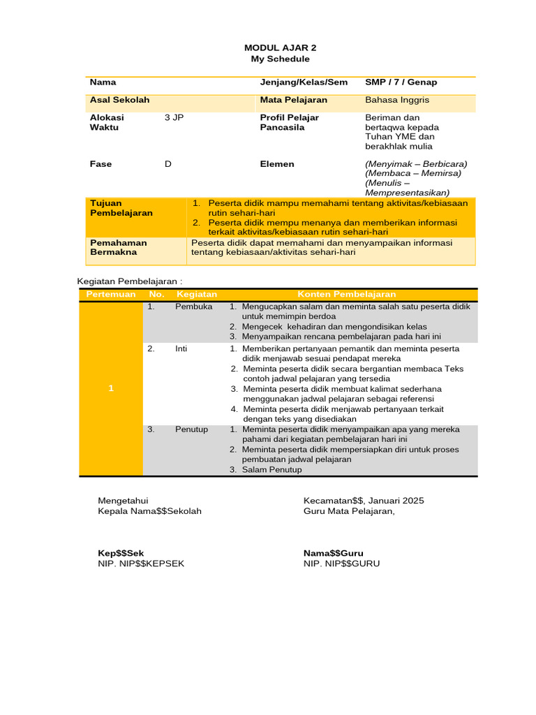 MODUL AJAR Pertemuan 2 My Schedule, Reading Comprehension | PDF