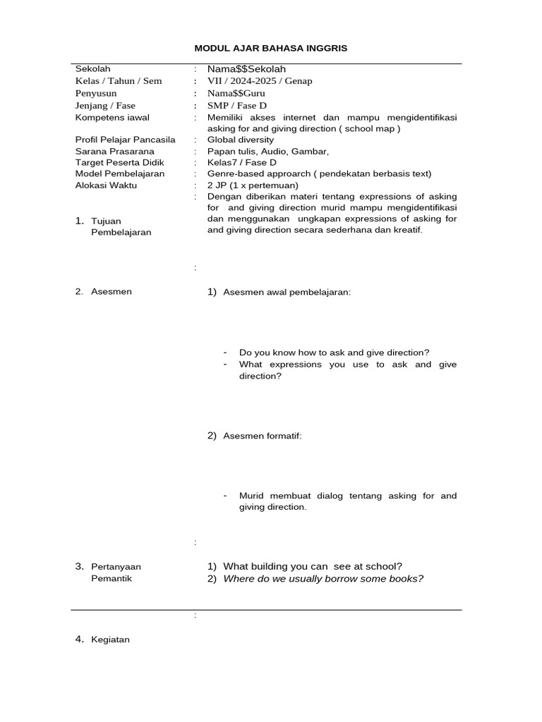 Modul Ajar Asking For and Giving Direction 2 | PDF