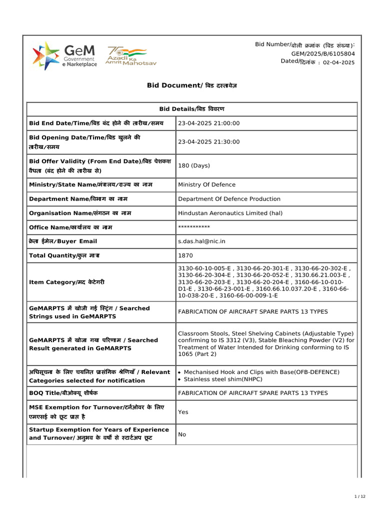 Aircraft Spare Parts Bid Details | PDF | Procurement | Specification ...