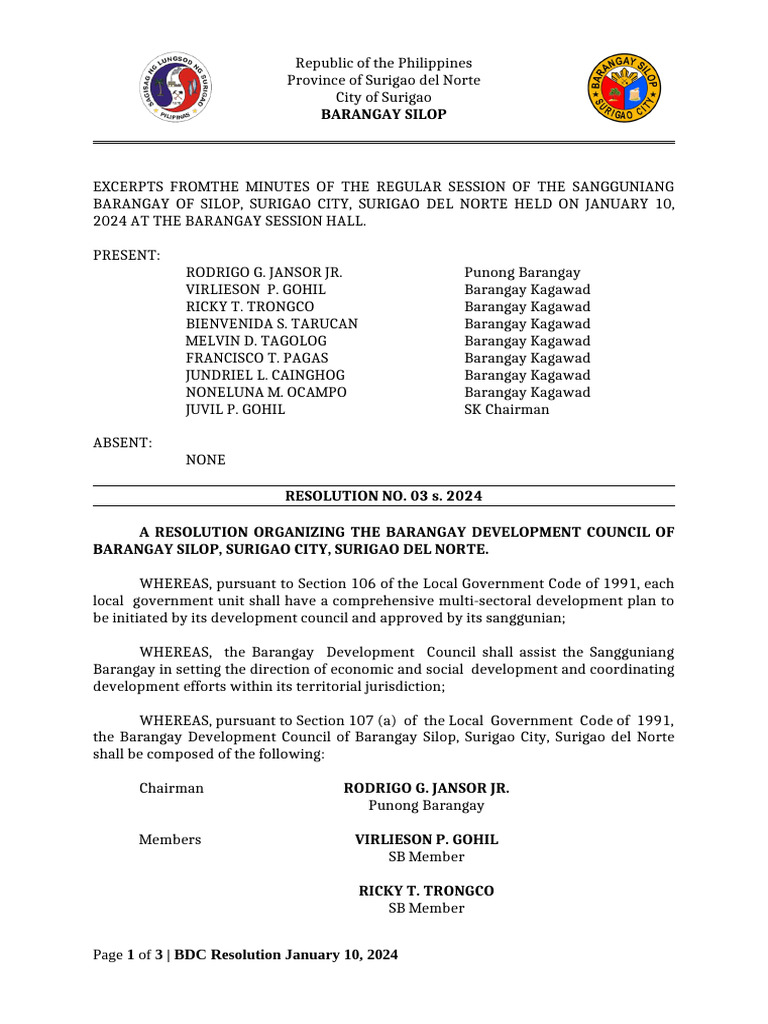 Barangay Silop Development Council Resolution | PDF | Government