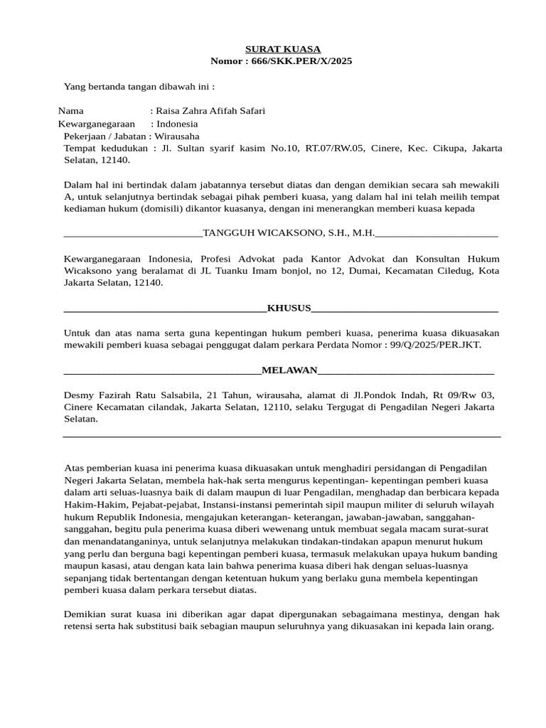 SURAT KUASA (Muhammad Wira Ikhwana) | PDF