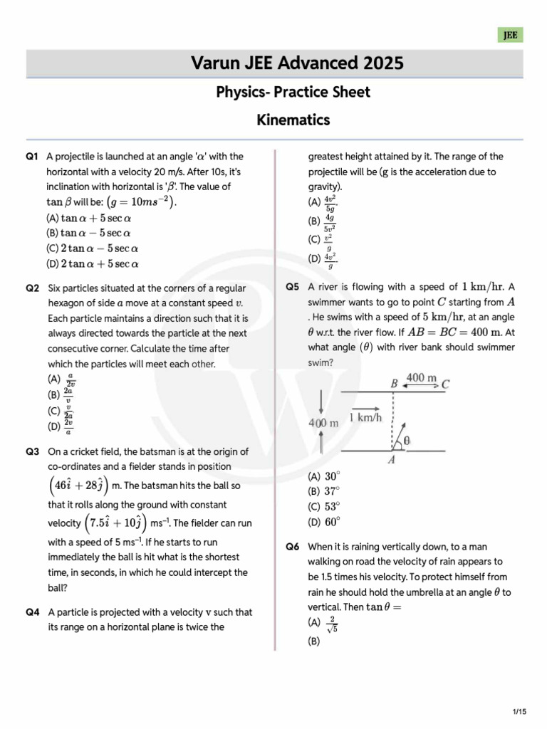 Kinematics - Practice Sheet - Varun JEE Advanced 2025 | PDF | Mechanical Engineering | Classical ...