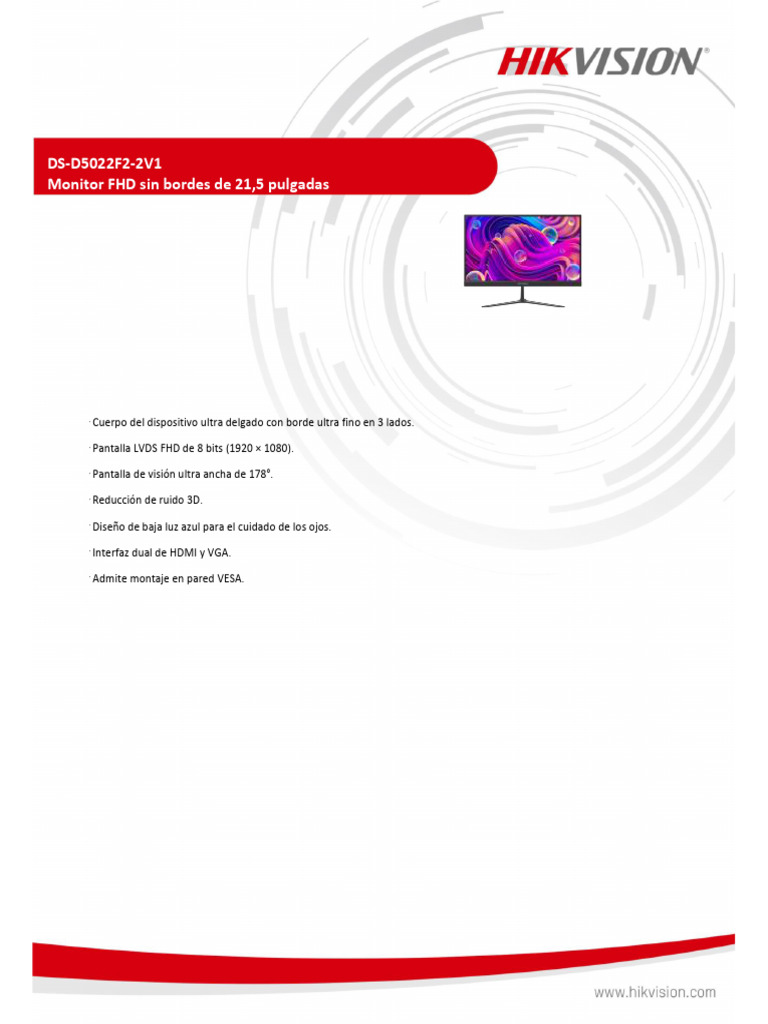 Monitor FHD 21.5" Sin Bordes DS-D5022F2-2V1 | PDF | Hdmi | Pantalla de ...