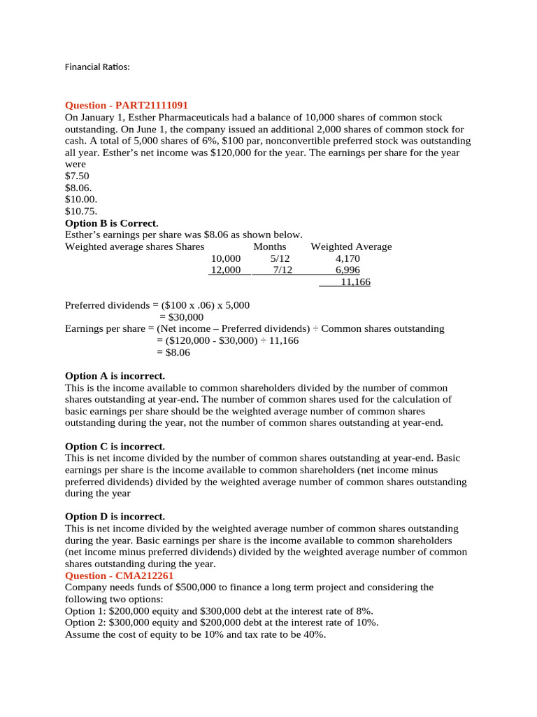 CMA Part 2 Section A Financial Ratios MCQ | PDF | Earnings Per Share ...