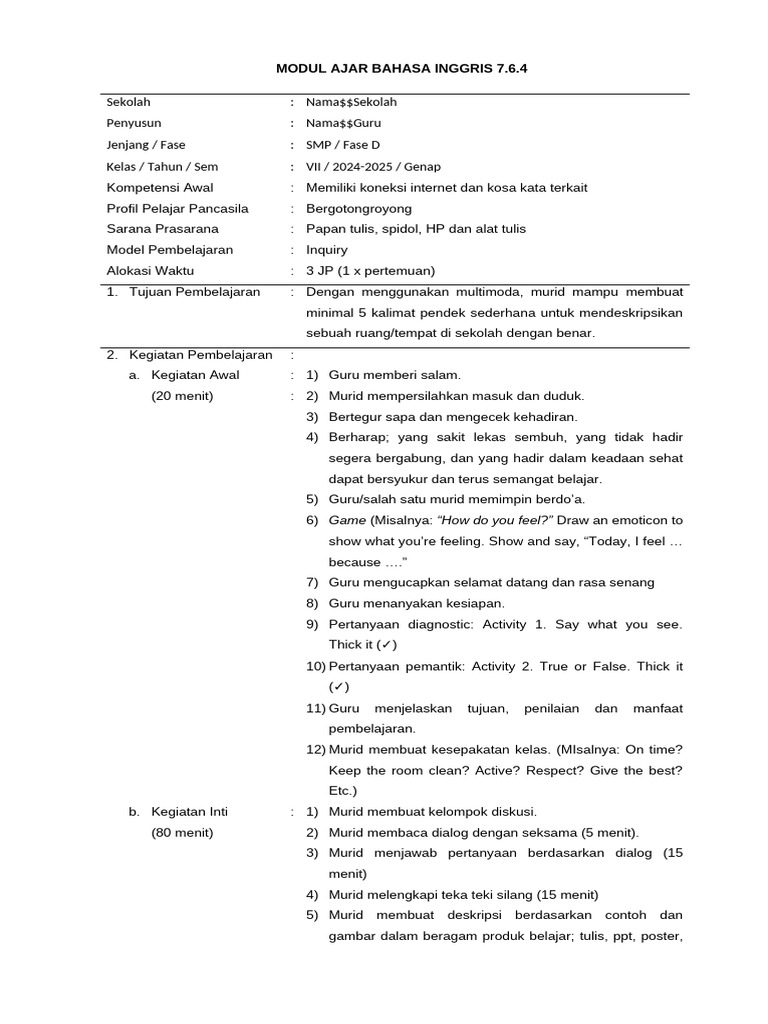 Modul Ajar Describing A Room-Place at School | PDF