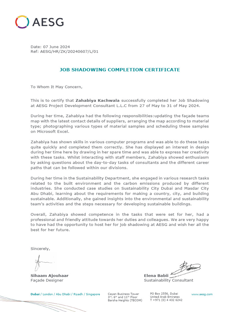 Job Shadowing Certificate for Zahabiya Kachwala | PDF