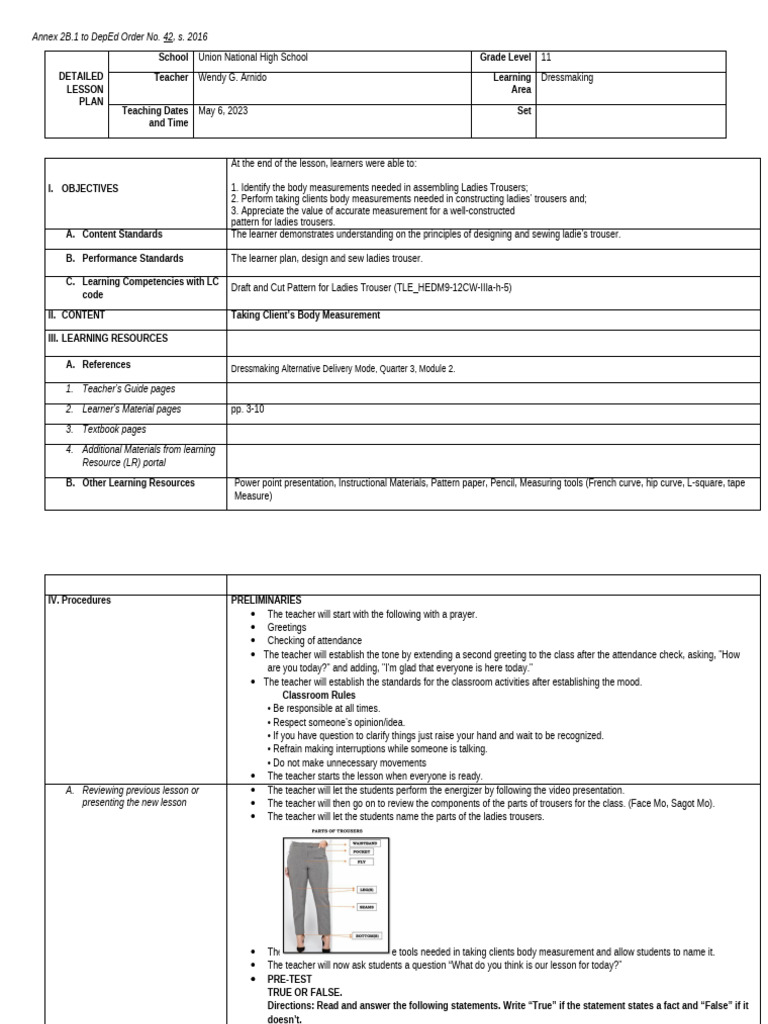 Wendy Semi Detailed Lesson Plan in Dressmaking | PDF | Seam (Sewing ...