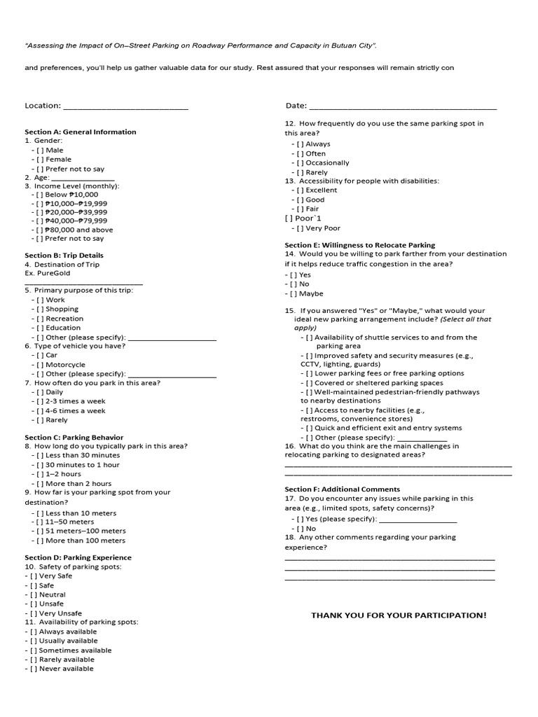 Survey Questionnaire - Final | PDF | Parking | Transport