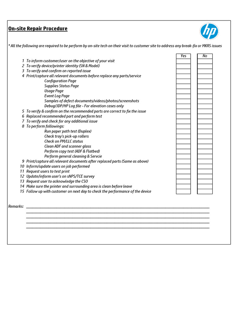 Onsite Repair Procedure Checklist - Sep 2020 | PDF