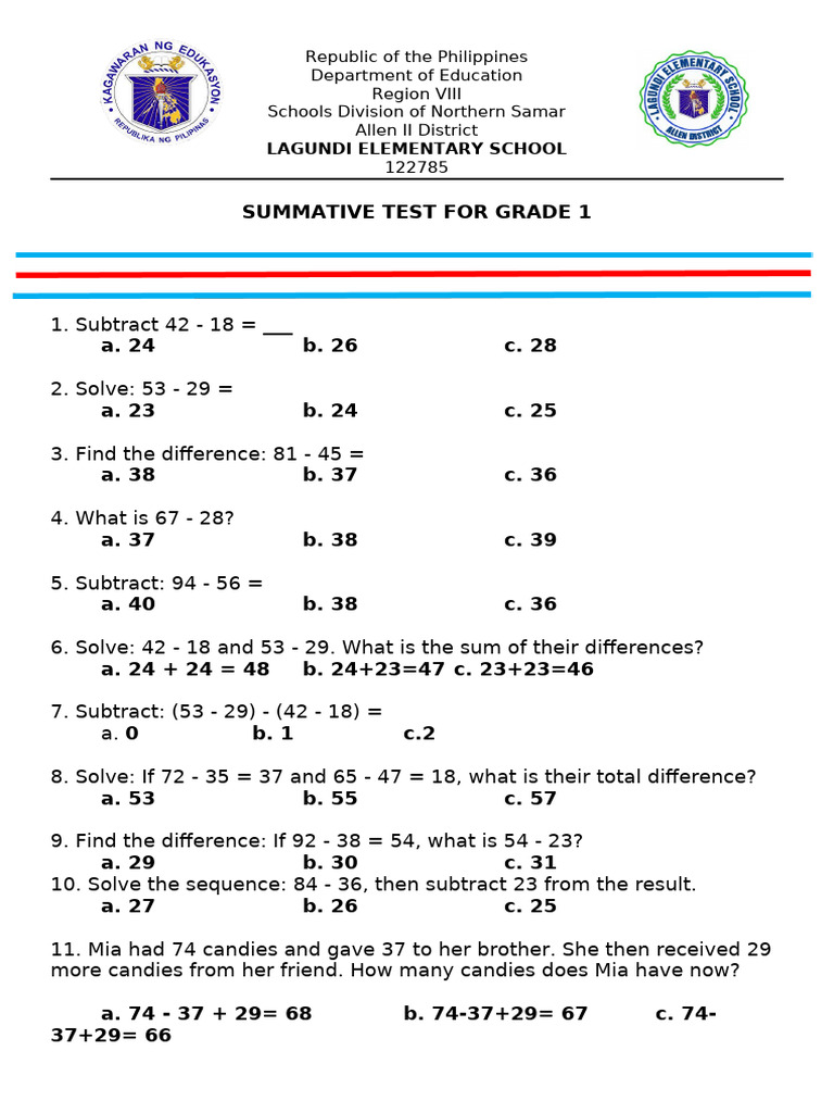 Grade 1 Math Summative Test PDF | PDF | Shape | Summation