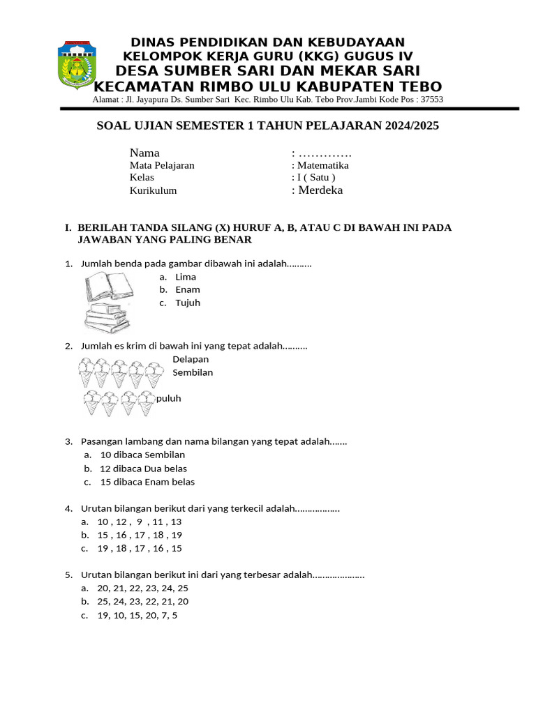 Soal Ujian MTK Kelas 1 Semester 1 2024 | PDF