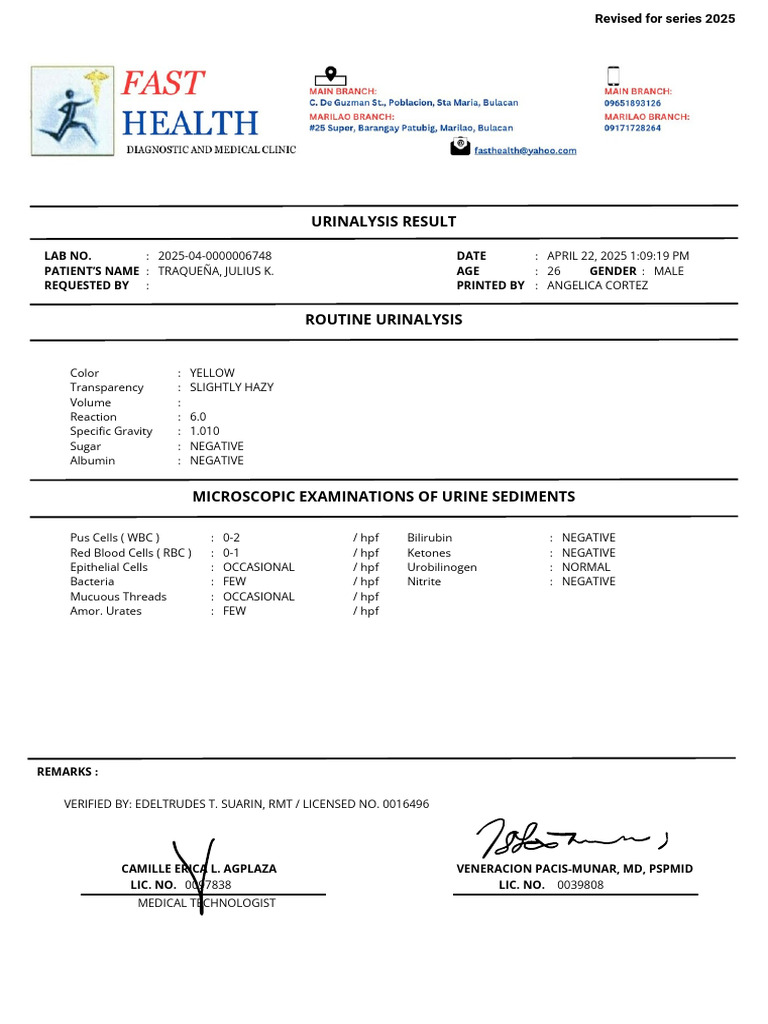 Medical Examination Report for Julius K. Traqueña | PDF | White Blood ...
