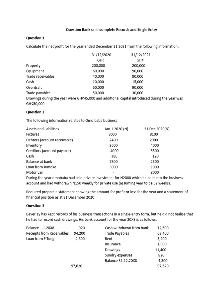 Incomplete Records Question Bank | PDF | Expense | Banks