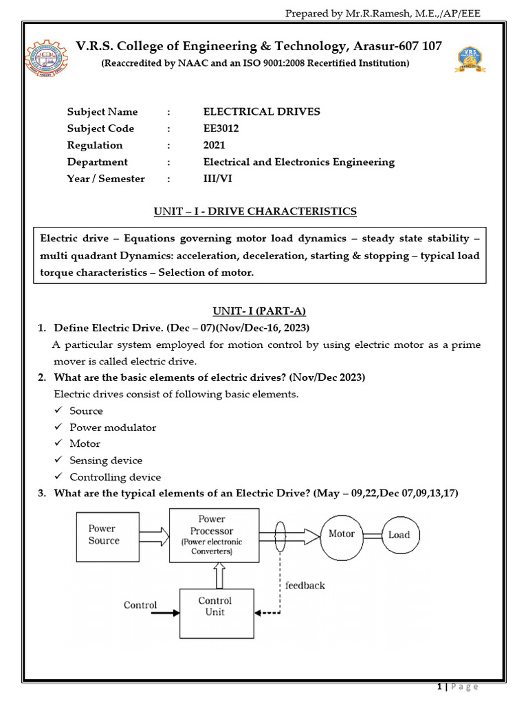 Ed Unit 1 III Year Ramesh (24px24c) | PDF | Electric Motor | Machines