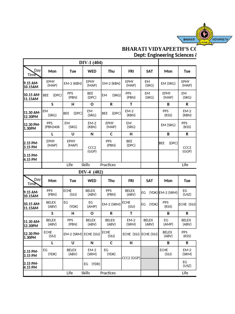 Bharati Vidyapeeth Engineering Timetable | PDF | Physical Sciences ...