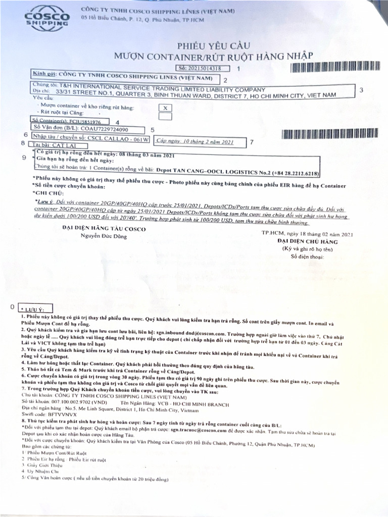 Cosco- Phiếu Mượn Container | PDF