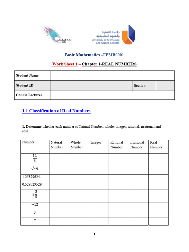 UTAS_HCT_BM_Work Sheet_1-Chapter 1_ AY 2024-25 | PDF | Numbers | Integer