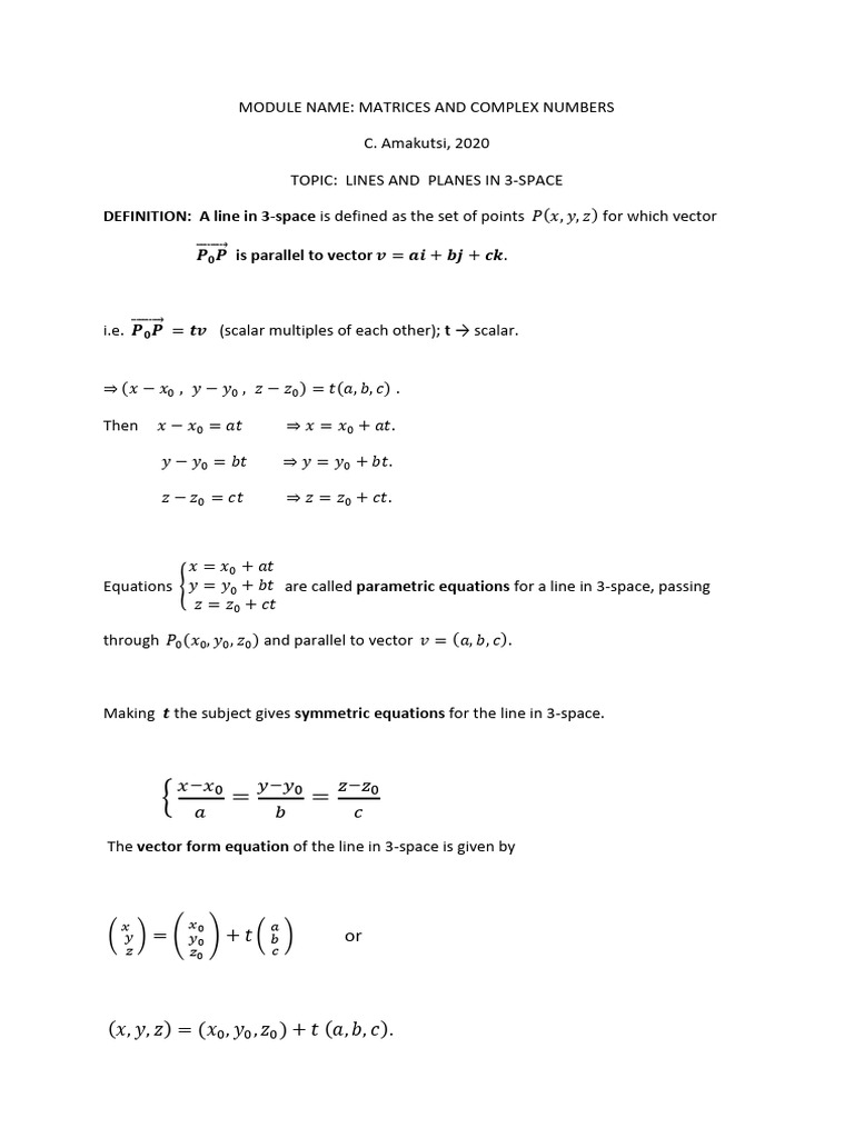 Lines and Planes in 3-Space Explained | PDF | Line (Geometry) | Vector ...