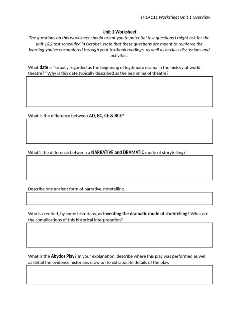 Unit 1 Theatre History Worksheet | PDF | Theatre | Storytelling