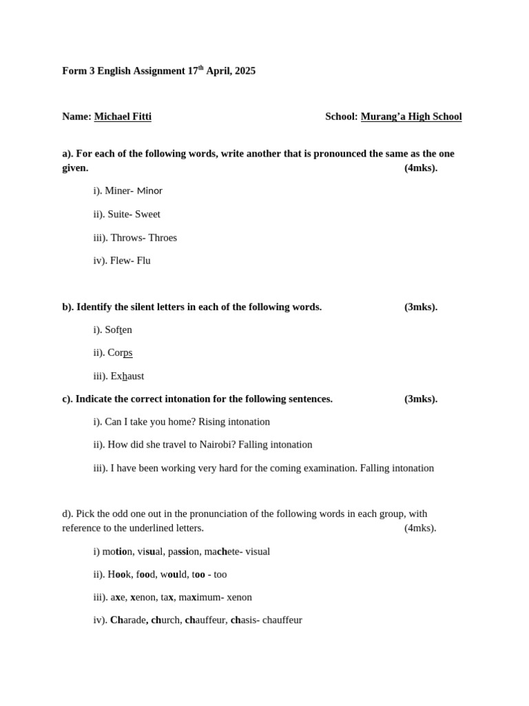 Form3 Eng Assignment 17th April QNS | PDF
