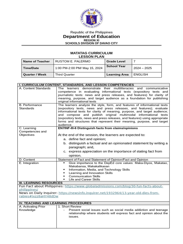 7B - Final - Matatag Curriculum Lesson Plan Ver.2 | PDF | Learning | Teachers