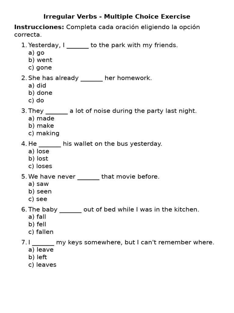EJERCICIO Irregular verbs Multiple Choice | PDF