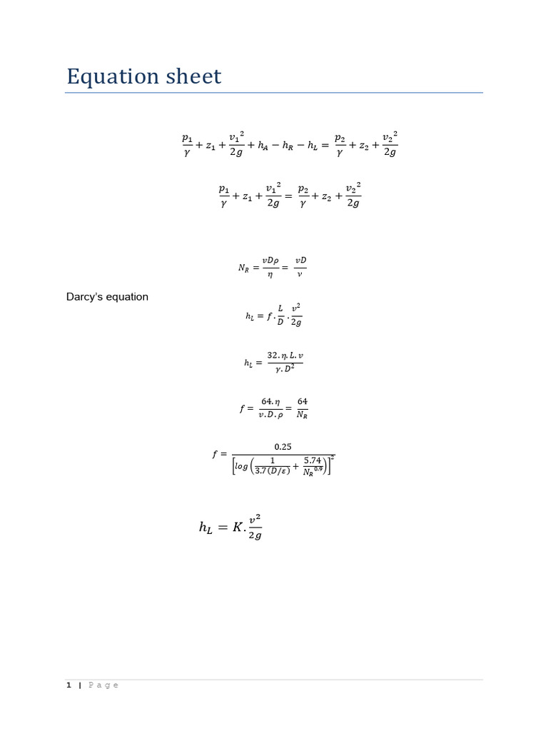Fluid Mechanics Equation Sheet | PDF