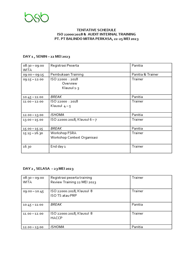Training Plan ISO 22000 - 2018, PT BALINDO MITRA PERKASA, 22-25 MEI ...