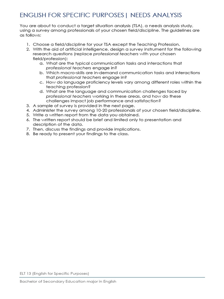 Needs Analysis for English in Education | PDF | Teachers | Communication