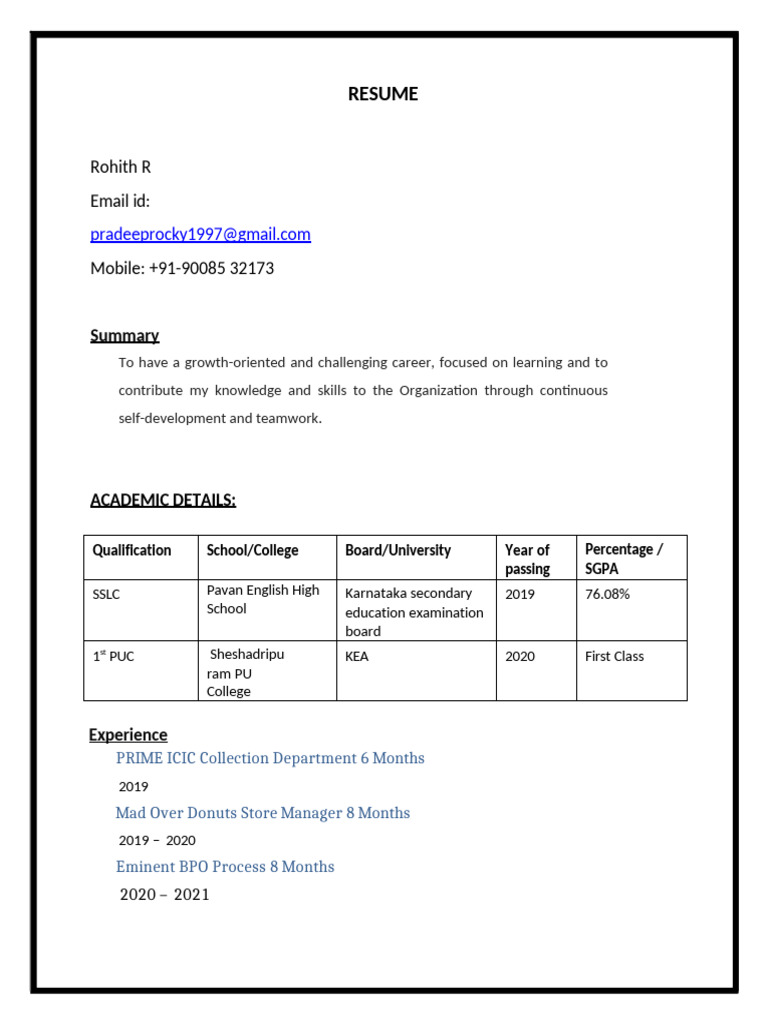 Rohith R's Professional Resume | PDF