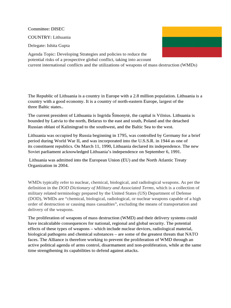 Position paper on Lithuania on proliferation of WMD | PDF | Weapons Of ...