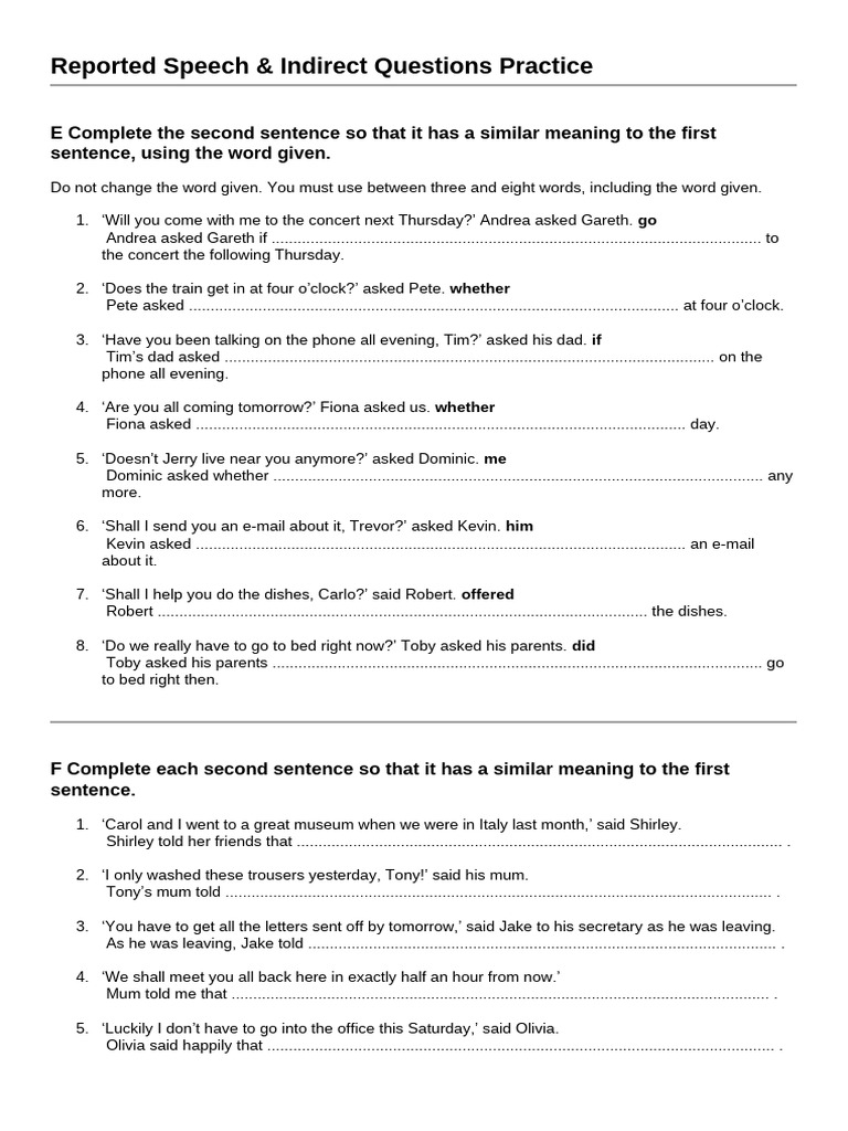 Reported Speech & Indirect Questions Practice | PDF
