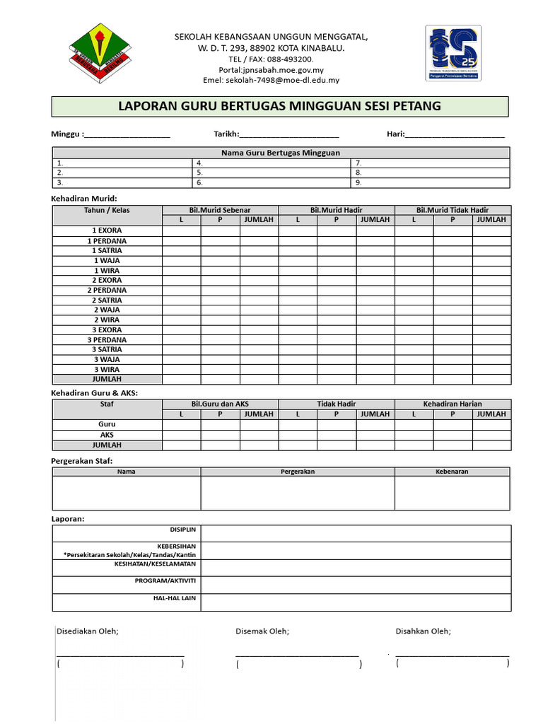 Buku Laporan Guru Bertugas Mingguan Sesi Pagi & Petang (2) | PDF