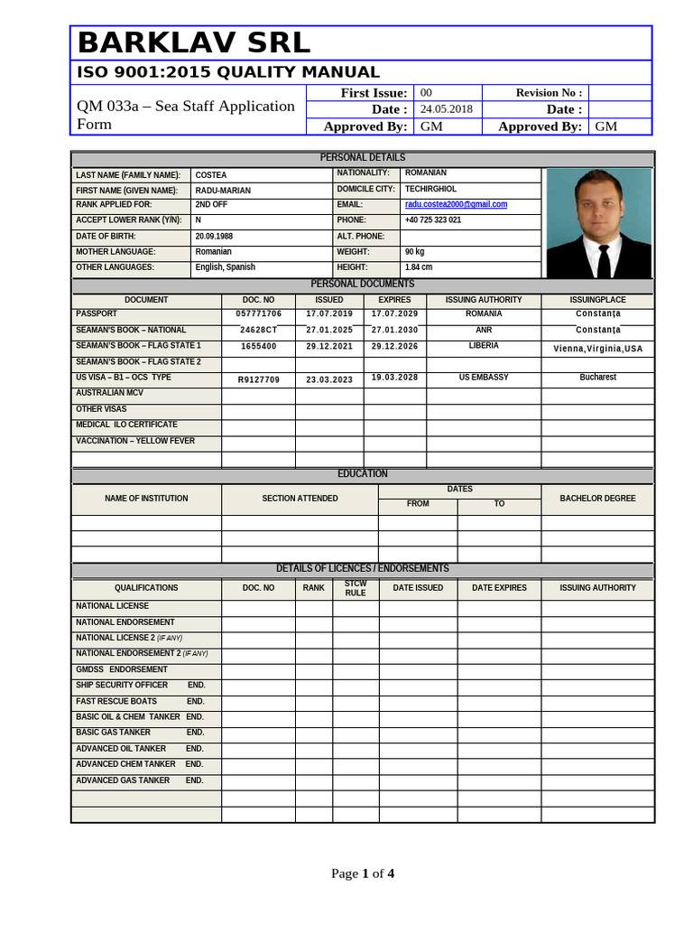 Barklav QM 033a - Sea Staff Application Form | PDF | Ships | Shipping