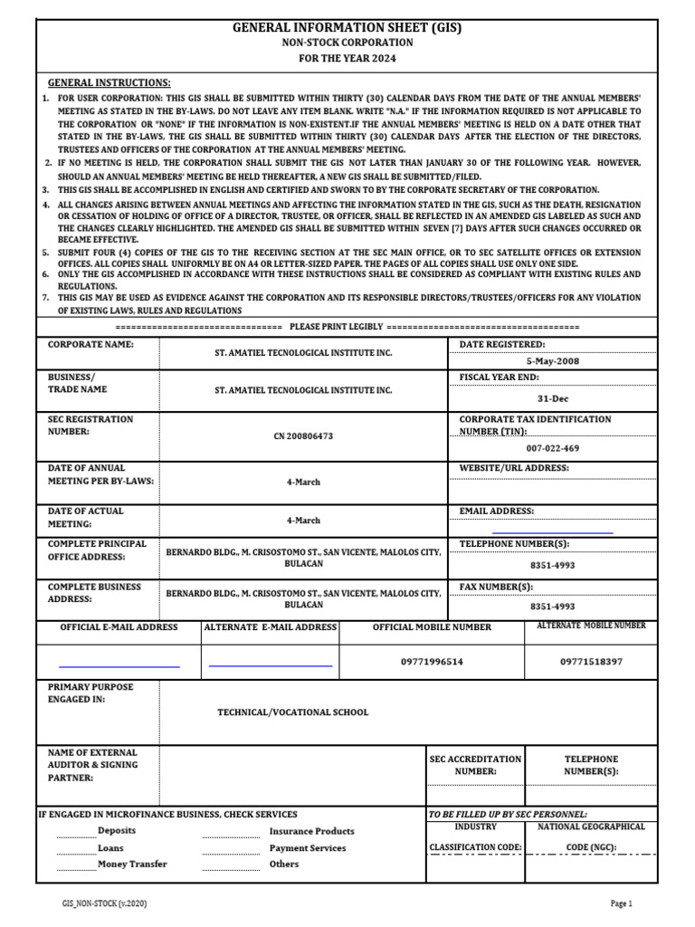 GIS Non Stock Form Malolos | PDF | Board Of Directors | Securities ...