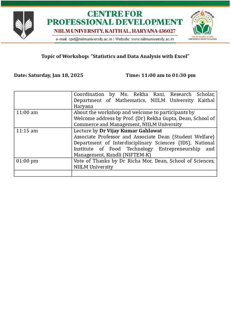 Excel Workshop: Statistics & Data Analysis | PDF