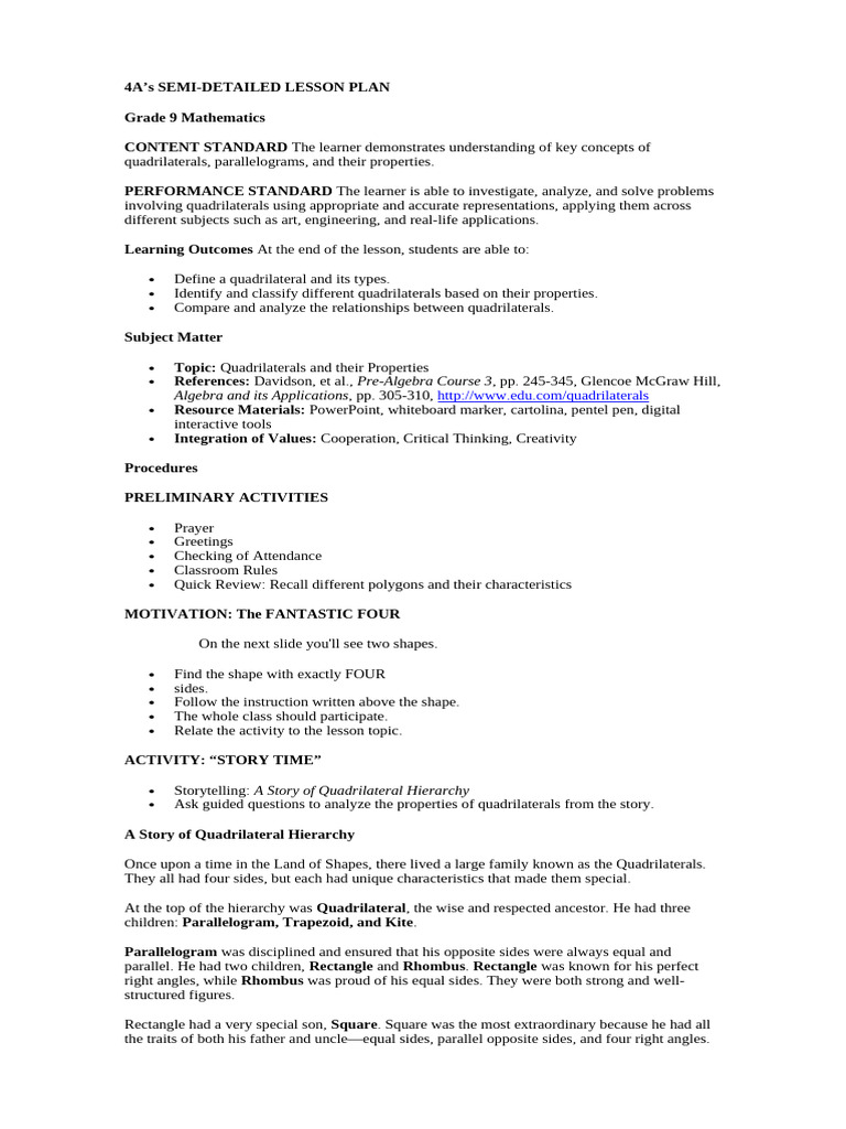 4A Lesson Plan For Deped Demo | PDF | Rectangle | Euclidean Geometry