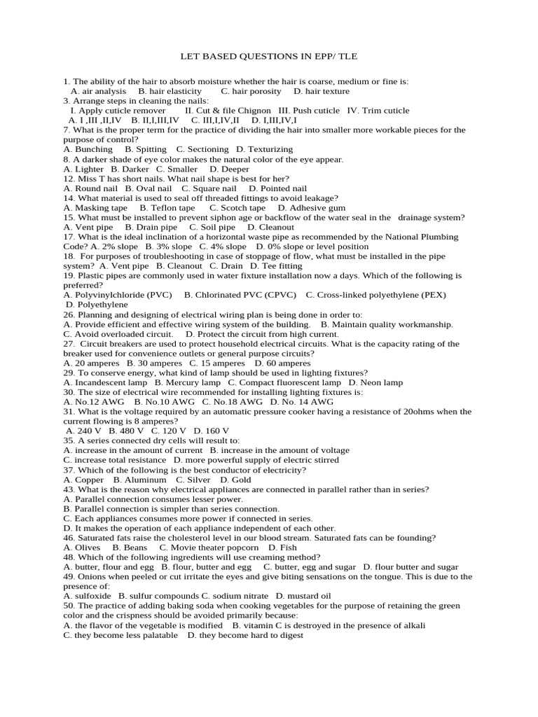 50 LET BASED QUESTIONS IN EPP | PDF | Electrical Wiring | Butter