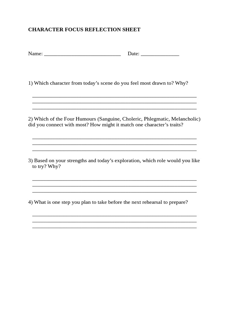 Character Reflection and Role Preparation Sheet | PDF
