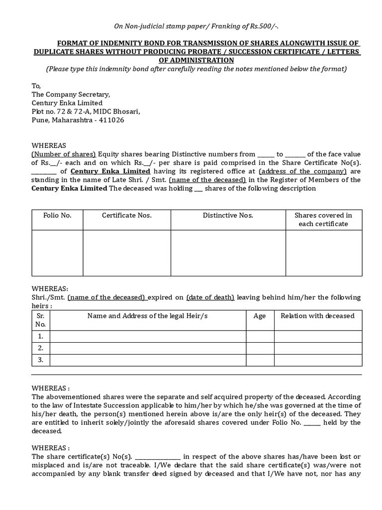 Indemnity Bond For Duplicate Cum Transmission | PDF | Surety | Probate