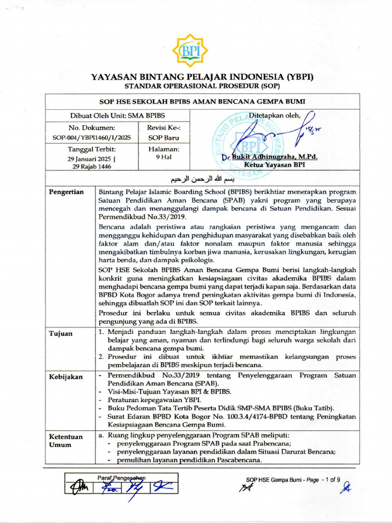 SOP-004 - SMA - SOP HSE Sekolah BPIBS Aman Bencana Gempa Bumi | PDF