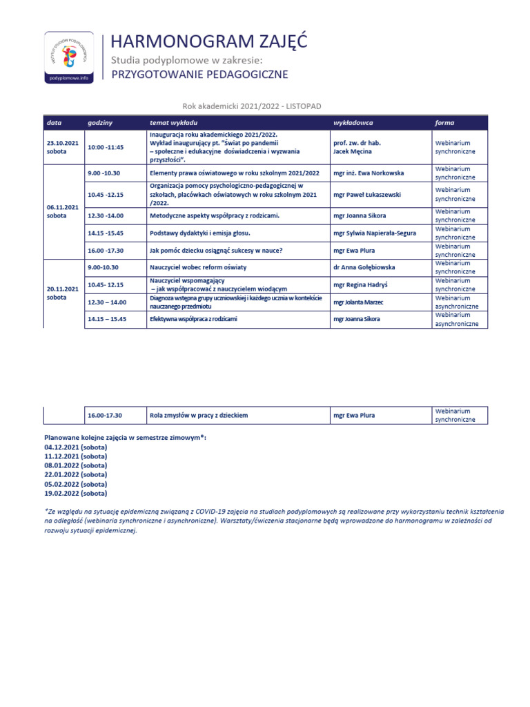 Harmonogram Zajec Listopad 2021 - Przygotowanie Pedagogiczne | PDF