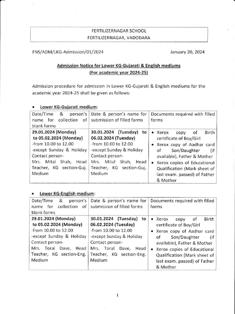 LKG Admission 2024-25 (Eng) | PDF