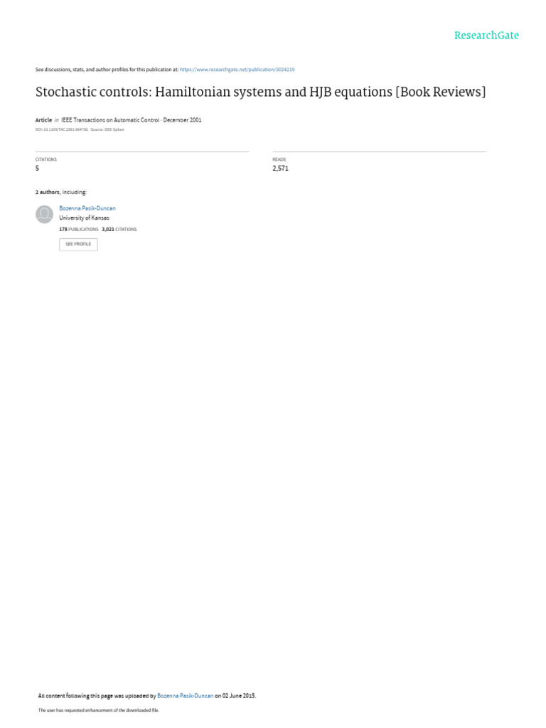 Stochastic Controls Hamiltonian Systems and HJB Eq | PDF | Optimal Control | Theoretical Physics