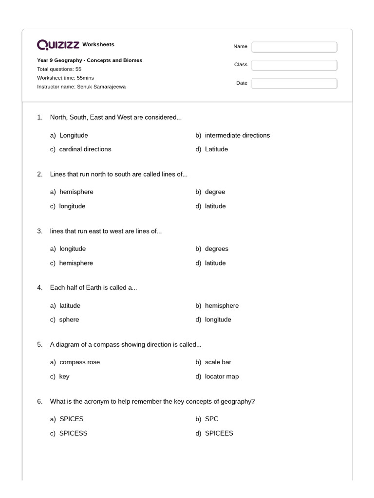 Year 9 Geography - Concepts and Biomes - Quizizz | PDF | Forests | Equator
