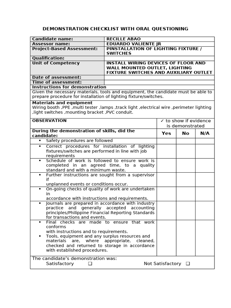 Demo-Checklist-with-Oral-Questioning-and-answers | PDF | Lighting ...