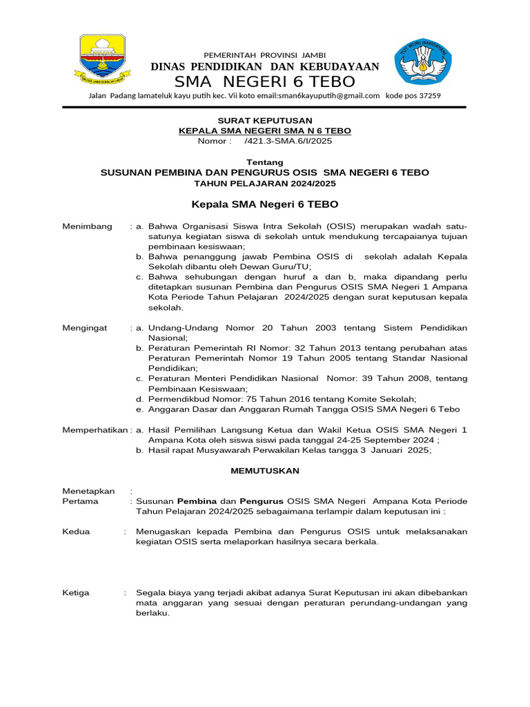 Susunan Pengurus OSIS SMA 6 Tebo 2024/2025 | PDF